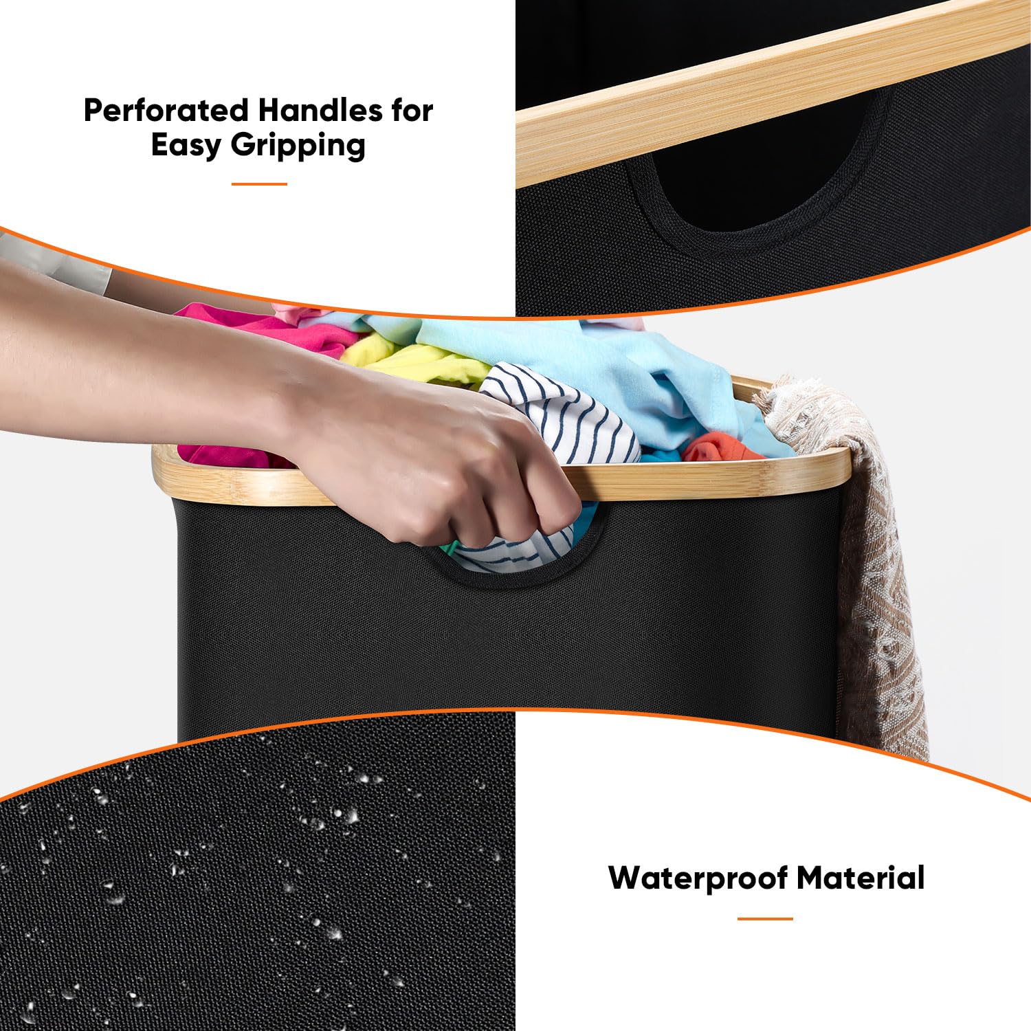 215L Double Laundry Hamper with Lid, Laundry Basket with Removable Laundry Bags, Collapsible 2 Section Dirty Clothes Basket with Bamboo Handles, Perfect for Bedroom, Bathroom, Laundry Room - Black