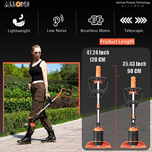 ALLONE Cordless Weed Wacker Battery Powered with Power Display & 3-Level Speed Variable, Electric Weed Eater Lightweight Brush Cutter Grass Trimmer with Metal Blades, 4.0Ah Battery and Charger