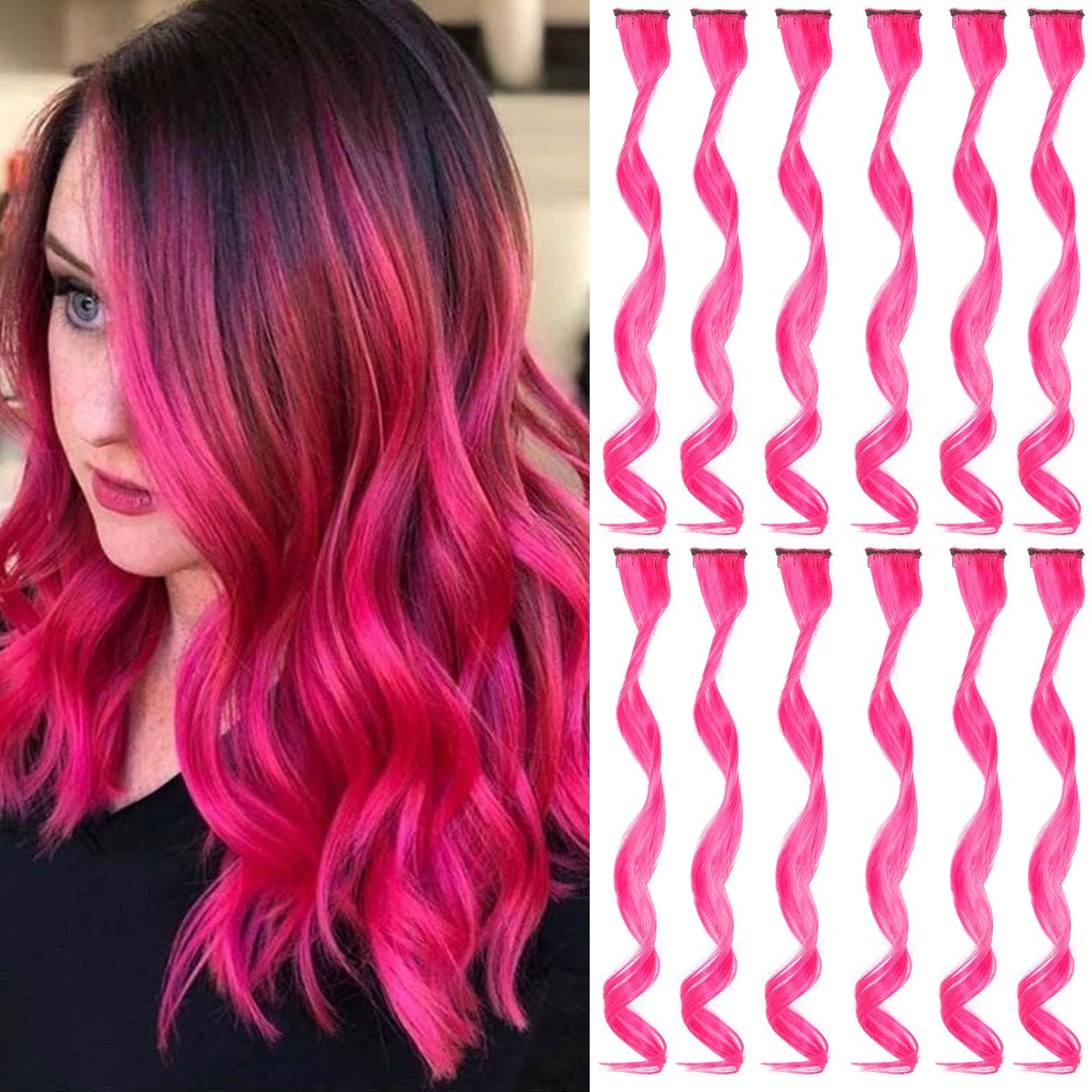 MEckily 12 Pcs Colored Hair Extensions Party Highlights, Curly Wavy Hairpiece Clip in Synthetic Streak for Kids Girls Women 17 inch(Pink)