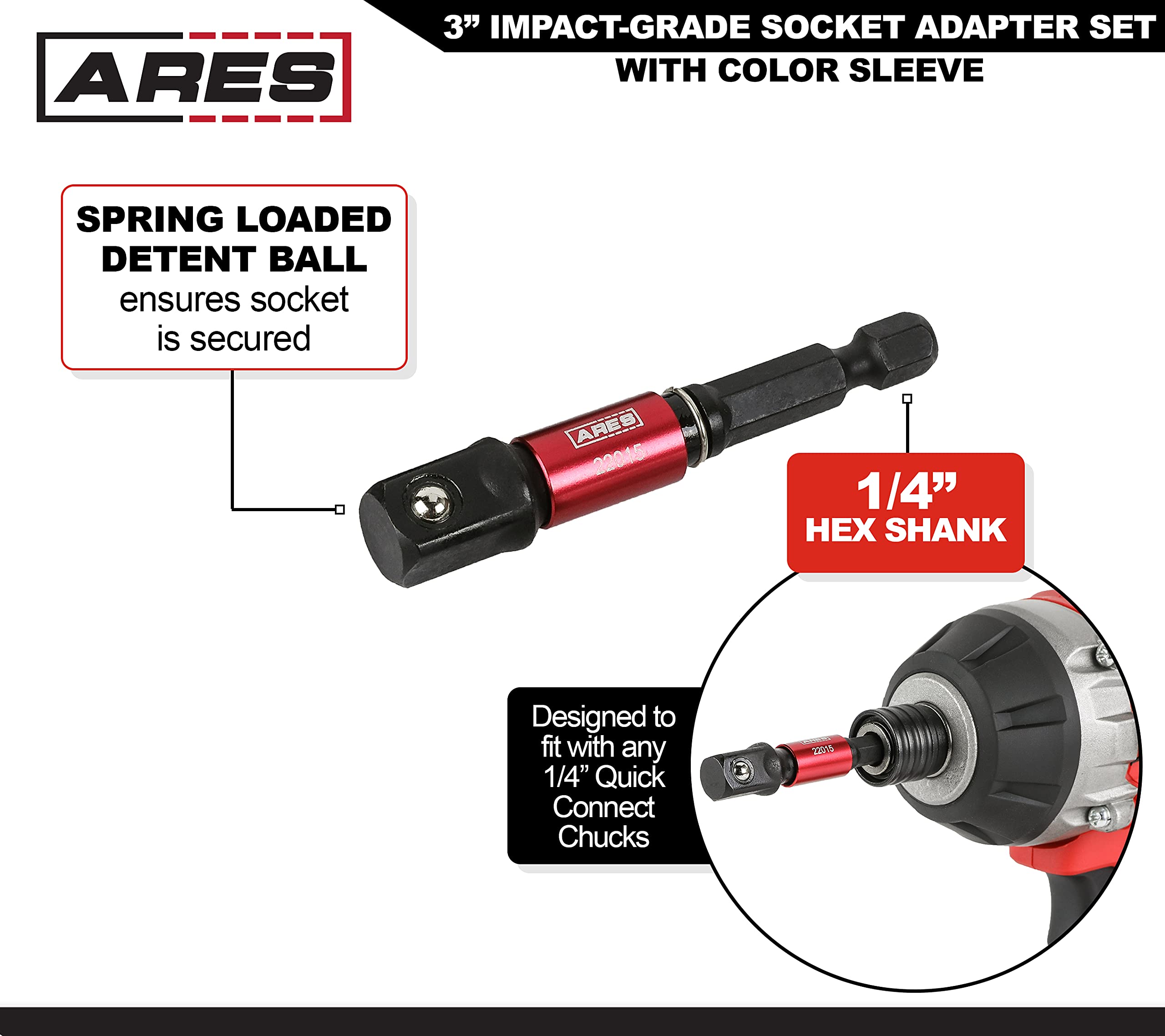ARES 22011-3-Piece 3-Inch Impact Grade Socket Adapter Set with Color Sleeve - Turns Power Drill into High Speed Nut Driver - 1/4-Inch, 3/8-Inch, and 1/2-Inch Drive