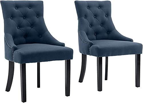 Alohappy Dining Chairs Linen Upholstered Side Chairs with Natural Oak Legs for Kitchen,Living Dining Room,Set of 2 Navy Blue