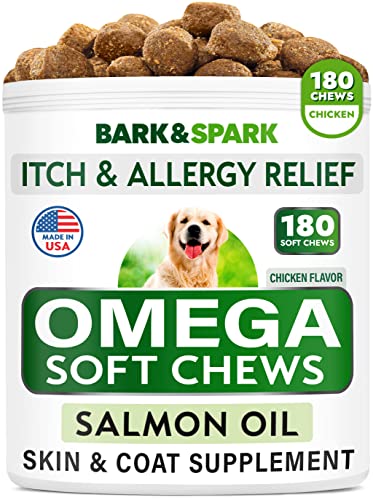Bark&Spark Omega 3 for Dogs - 180 Fish Oil Chews for Dog Shedding, Skin Allergy, Itch Relief, Hot Spots Treatment - Joint Health - Skin and Coat Supplement - EPA & DHA Fatty Acids - Salmon Oil