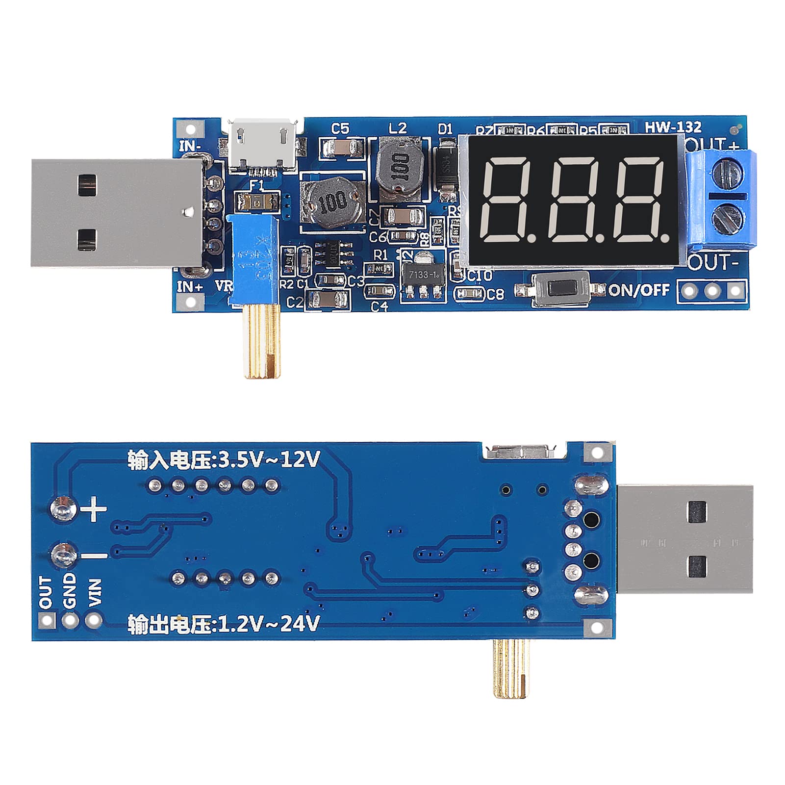 2PCS USB Step UP/Down Power Supply Module, Adjustable DC-DC 5V to 3.5V / 12V Boost Buck Converter Out DC 1.2V-24V