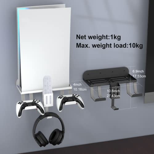 BELOPERA Ps5/Ps4 Wall Mount kit, 6-in-1 PS5 (Disc and Digital) Metal Wall Mount Stand with 2 Detachable Controller Hanging Bracket/Headset Hanger/Remote Box/Charging Cable β White