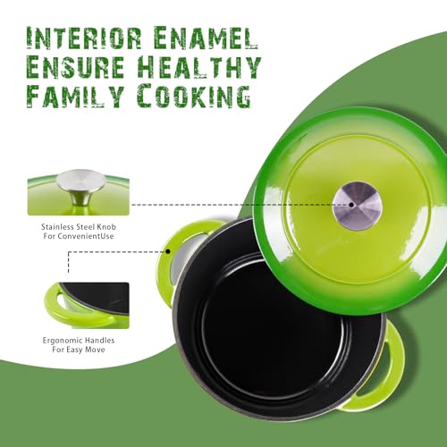 2.6 QT Enameled Dutch Oven Pot with Lid, Cast Iron Dutch Oven with Dual Handles for Bread Baking, Cooking, Non-stick Enamel Coated Cookware (Apple Green)