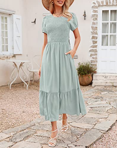 Annebouti 2023 Women's Summer Puff Short Sleeve Dress Modest Flowy A Line Ruffle Tiered Long Casual Smocked Maxi Dress with Pockets Solid Light Green S