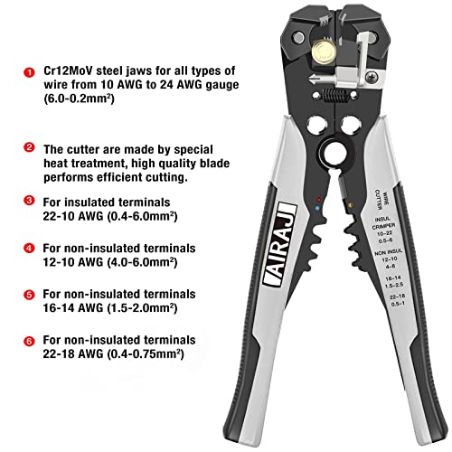 AIRAJ PRO Self Adjusting Wire Stripper,3 in 1 Heavy Duty Wire Cutter Stripper Crimper Tool,Universal Wire Stripping Cutting for 10-24 AWG Wire Cutter for Electrical Cable Cutting,Crimping Tool