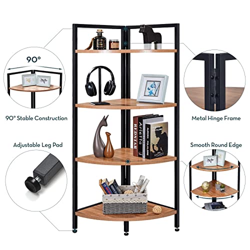 SAYGOER Corner Bookshelf 4 Tier Stand Storage Shelf Modern Black Bookcase Ladder Standing Shelves Display Rack Plant Stand for Small Spaces, Bedroom, Living Room,Walnut Oak