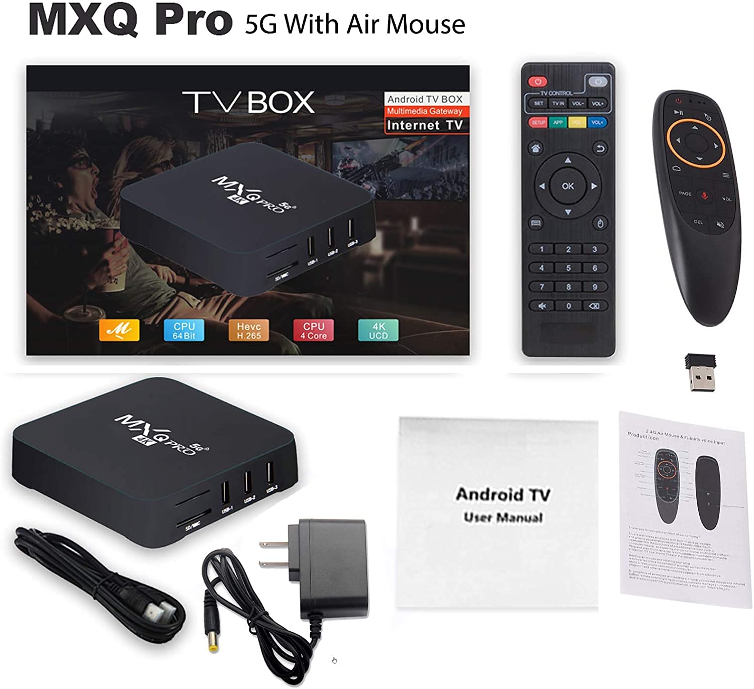 MXQ Pro 5G with Air Mouse & Voice Control 2024 Upgraded Android 13.1 Version Ram 2GB ROM 16GB TV Box H.265 HD 3D Dual WiFi 2.4G/5.8G Quad Core Android Smart TV Box