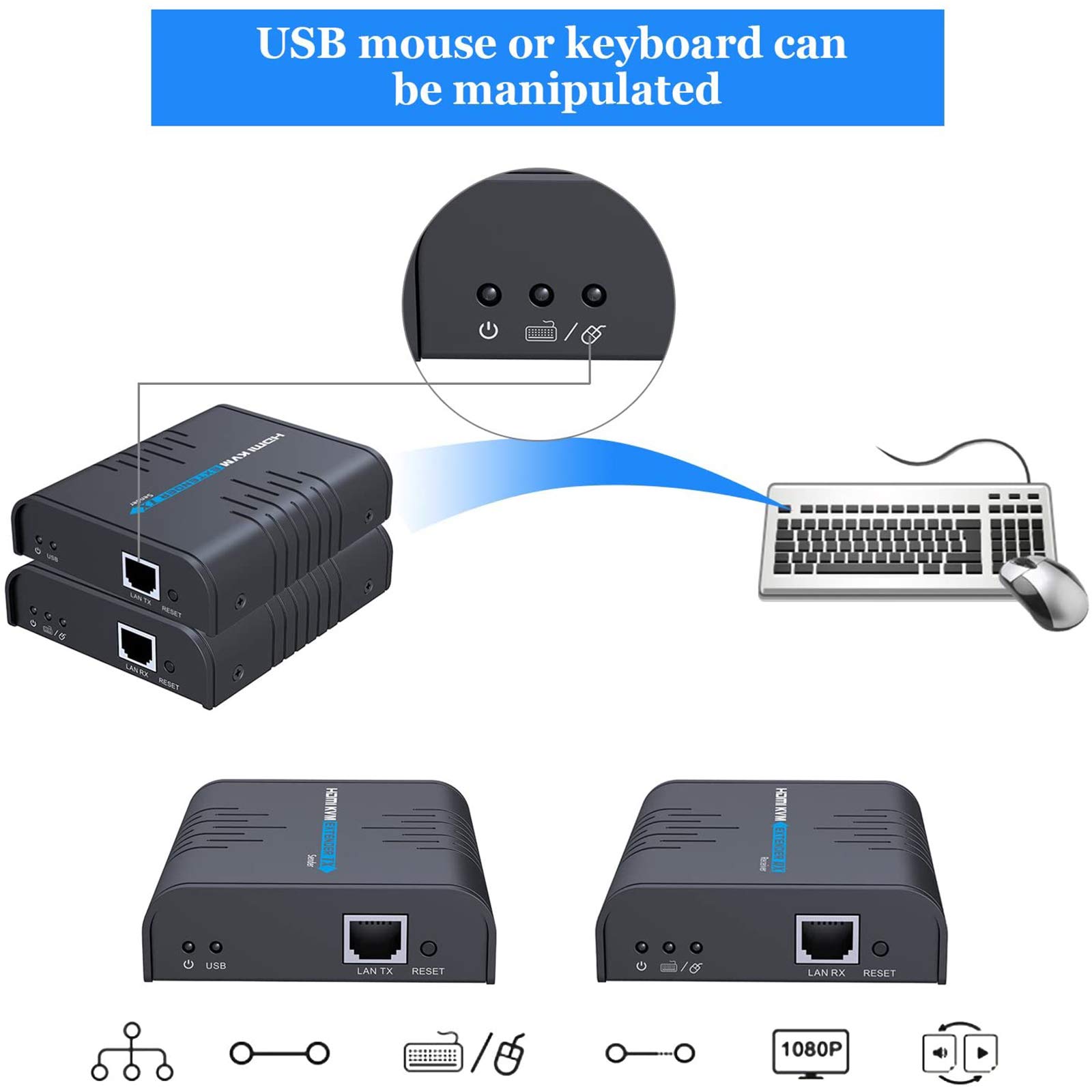AGPTEK USB HDMI KVM Extender Over Single Cat 5/5E/6/7 Ethernet Cable- Signal Extension Up to 120m/365Ft- USB Keyboard Mouse Support- Adapter for Residential/Commercial Use