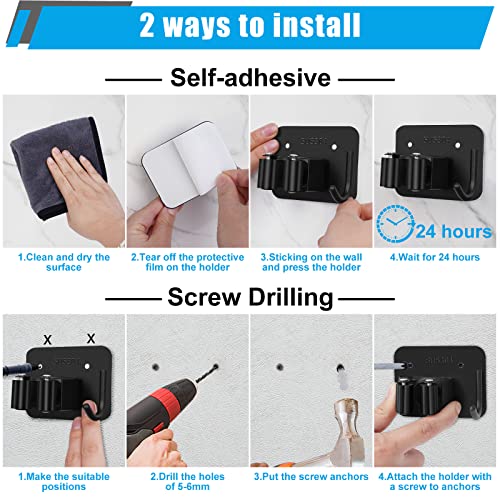 Broom Holder Wall Mount, Screw Drilling & No Drill Sturdy Heavy Duty Stainless Steel Wall Mounted, Broom Organizer Wall Mount with Hooks Hanger, Wall Holder for Bathroom, Garage, Kitchen, Garden
