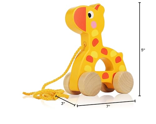 Adorable Giraffe Wooden Animal Pull Toy - Solid Wood Educational Baby Toy for Toddler Boys and Girls Age 18 Months, and Up - Classic Developmental Pull Toy