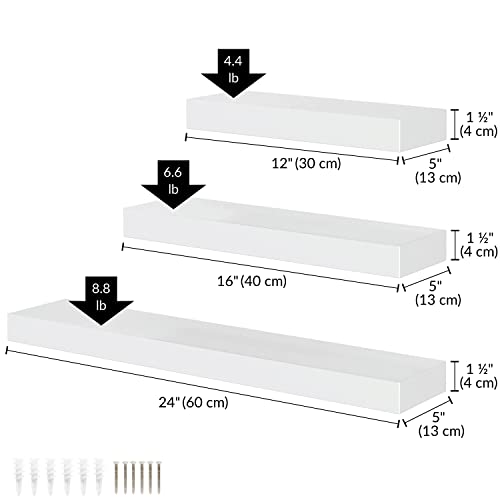 Ballucci Modern Floating Shelves for Wall, Set of 3 Wood Wall Mount Ledges for Living Room, Bedroom, Nursery, Bathroom, Kitchen, 12", 16", 24" - White