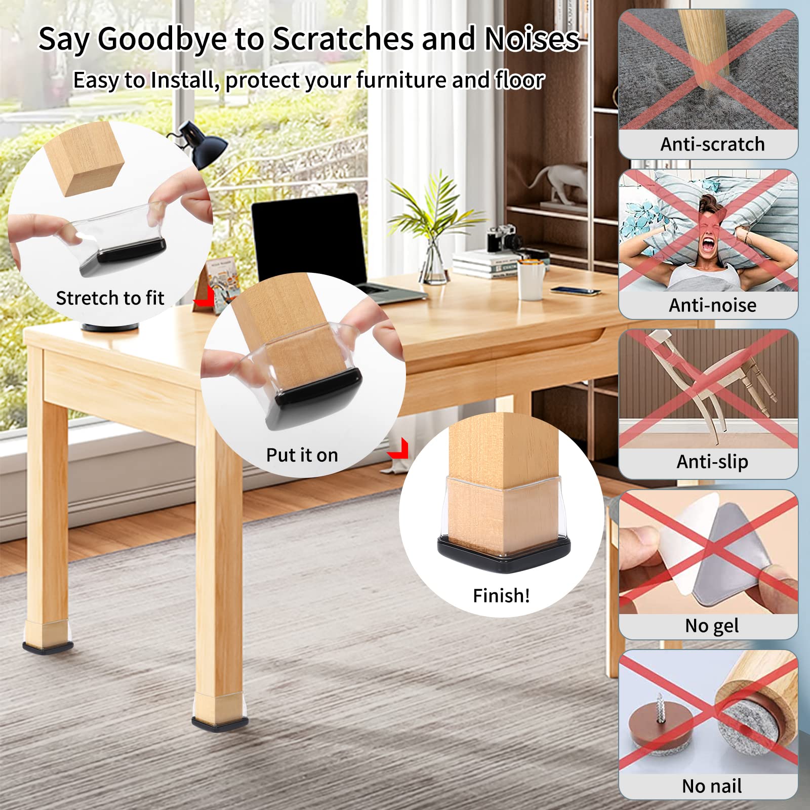 24 PCS Extra Large Clear Chair Leg Sliders for Carpet, Square Chair Glides Carpet, Teflon Furniture Pads, Chair Leg Floor Protectors Caps for Carpet, Table Chair Leg Cups Covers (Fit 1.45" - 2")