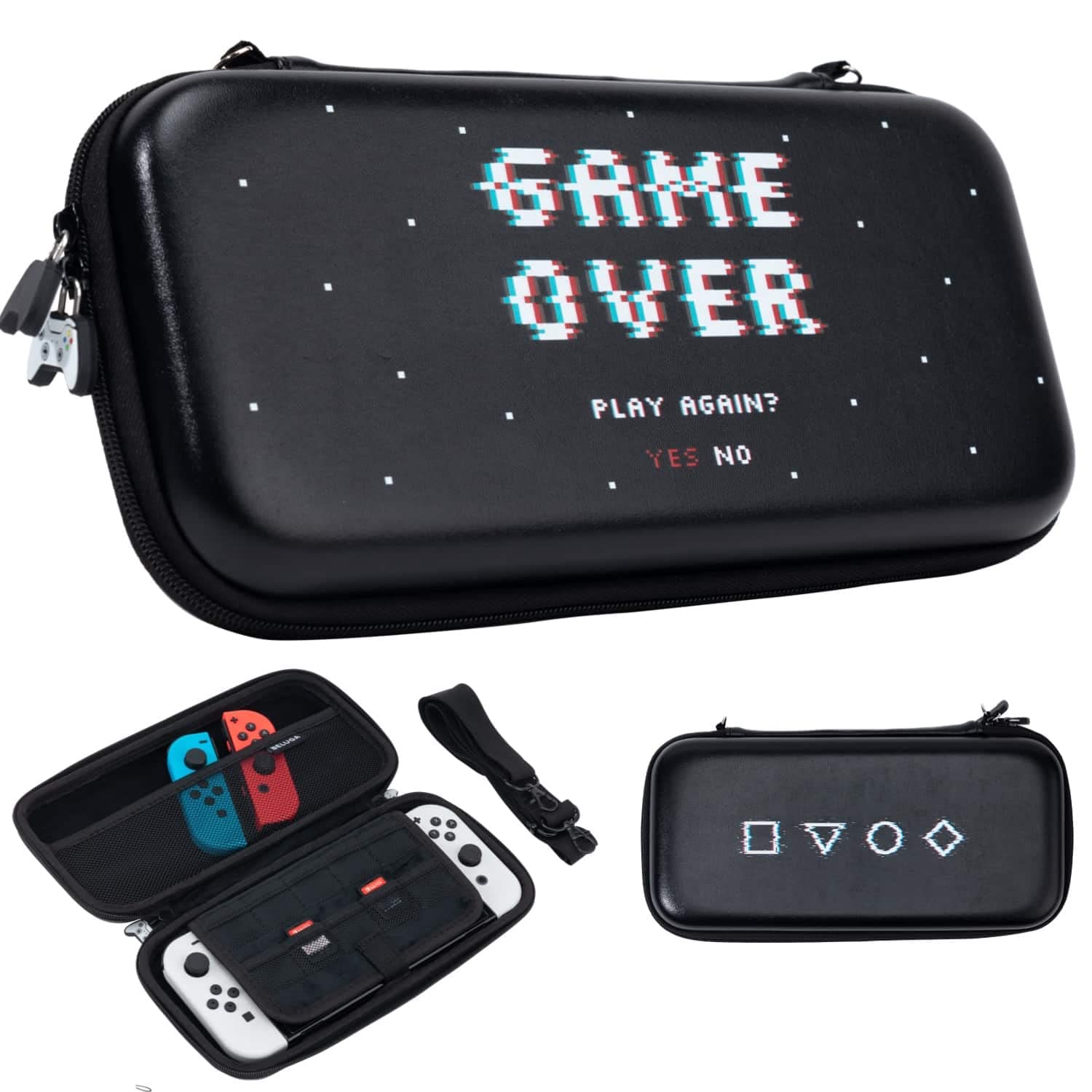 BelugaDesign Game Over Carrying Case | Retro Arcade Space Cool Kids Boys Travel Storage Wrist Shoulder Strap | Compatible with Nintendo Switch Standard Lite OLED (Black)