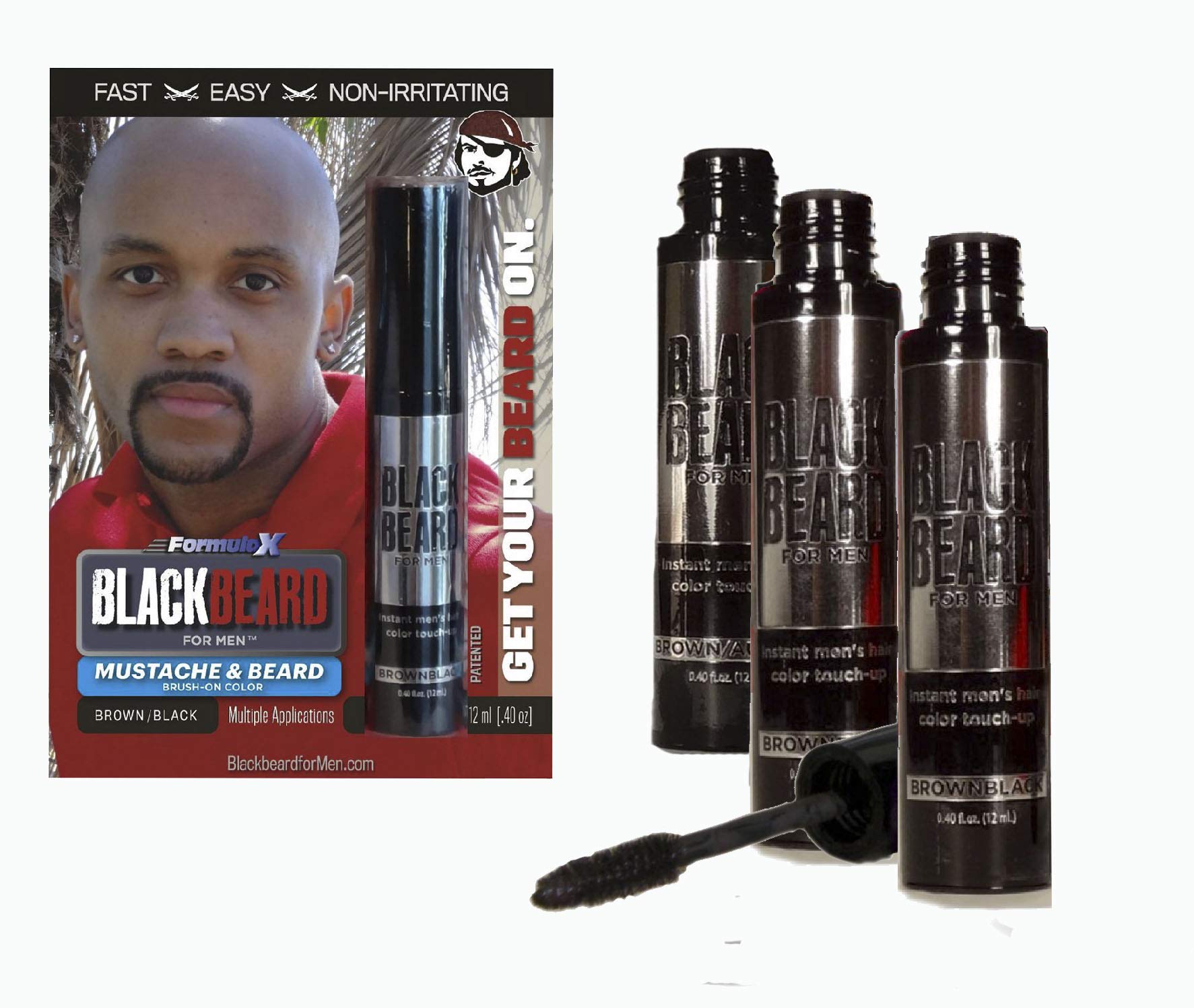 Blackbeard Formula X - Instant, Hypoallergenic, 1-Day Color for Beard, Mustache, Eyebrows, and Sideburns - Temporary Tint for Men - Brown/Black, 3 Pack
