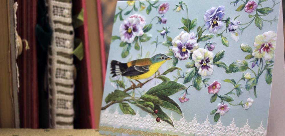 Carol Wilson Fine Arts Inc.- Pansies & Warbler - Embossed & Die Cut Blank Note Cards in Portfolio Box - 10 count - ncp2449