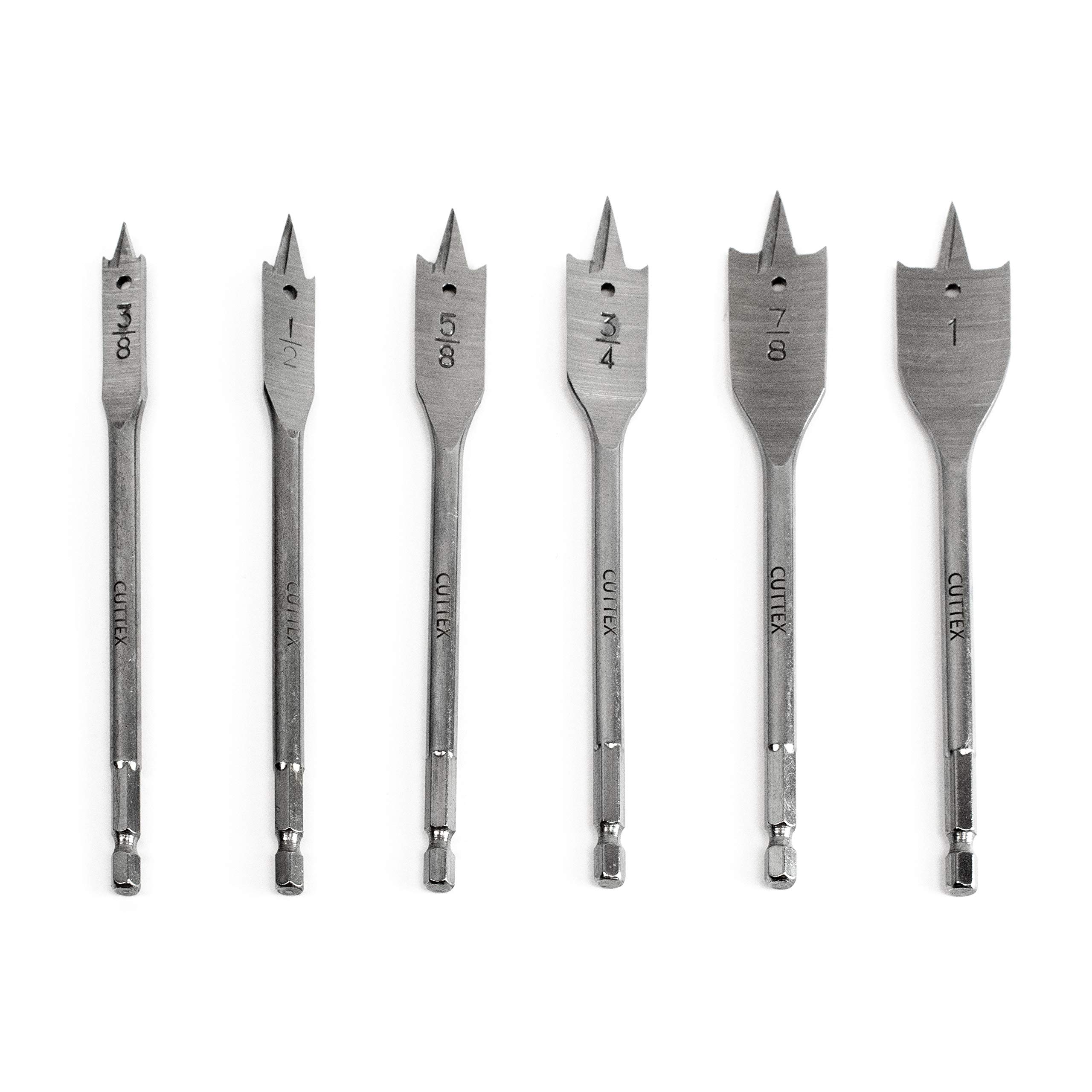 CUTTEX TOOLS Spade Drill Bit Set, 6 Pcs Drill Bit for Woodworking, 3/8" to 1", Full Set, Paddle Flat Bits, Nylon Storage Pouch Included