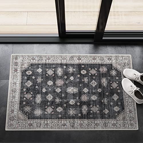 Adiva Rugs Machine Washable Area Rug with Non Slip Backing for Living Room, Bedroom, Bathroom, Kitchen, Printed Persian Vintage Home Decor, Floor Decoration Carpet Mat (Black, 2' x 3')