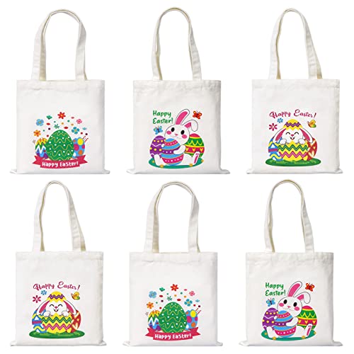 6 Pcs 13.4" X 14.2" Large Easter Tote Bags for Kids Canvas Easter Egg Hunt Bag Basket with Handle Reusable Easter Canvas Totes Spring Party Favor Supplies