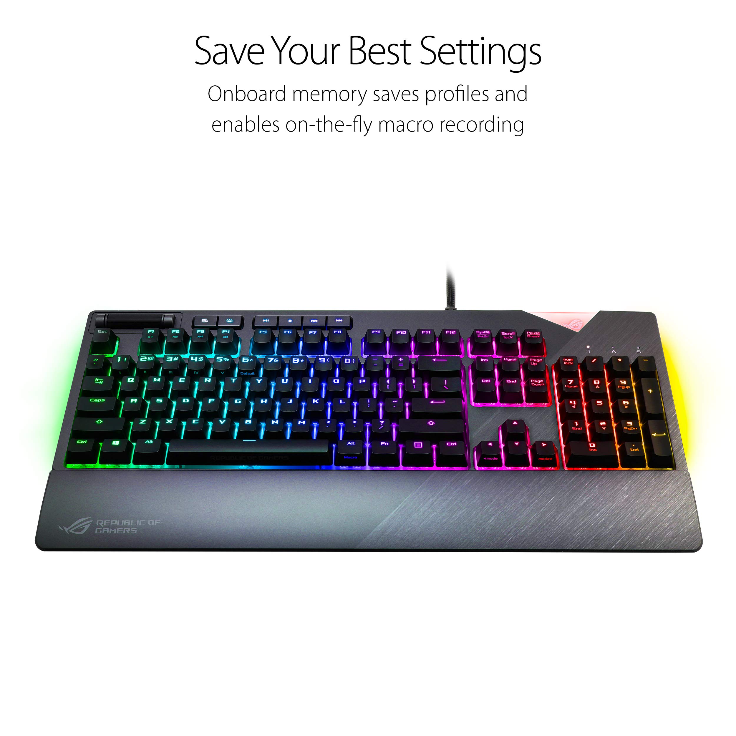 Asus ROG Strix Flare (CMB) Aura Sync RGB Mechanical Gaming Keyboard with (Cherry MX Blue) Switches, Customizable Badge, USB Pass Through and Media Controls (Renewed)