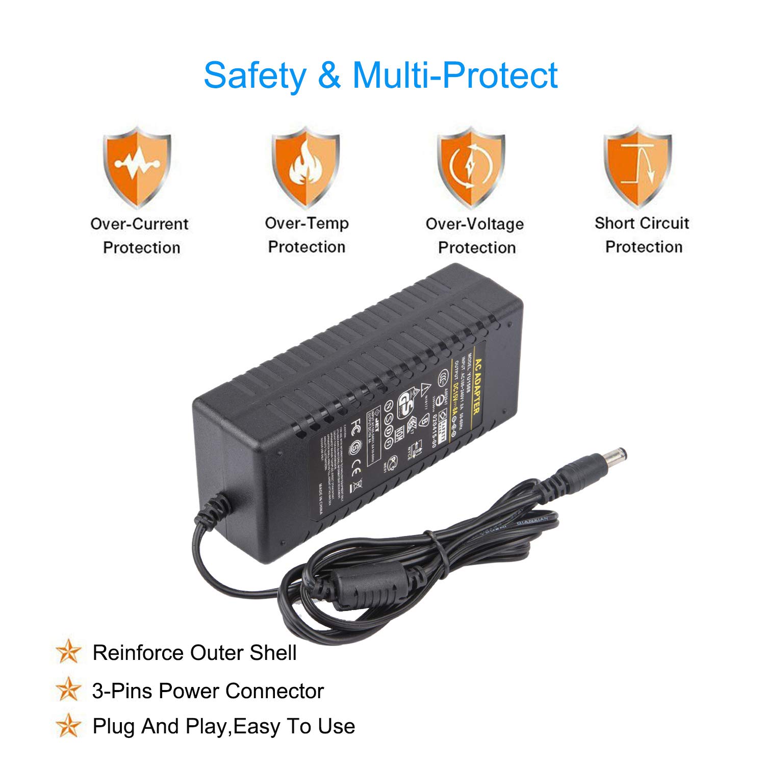 COOLM AC 100-240V DC 15V 8A Power Supply Adapter Converter 5.5mm x 2.5mm Plug 15V8A LED Driver for LED Strip Lighting
