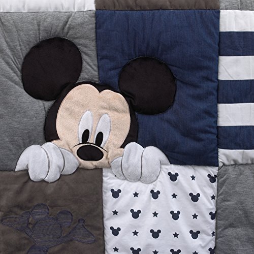 Disney Mickey Mouse 4 Piece Hello World Denim/Star/Icon Nursery Crib Bedding Set, Navy, Grey, White