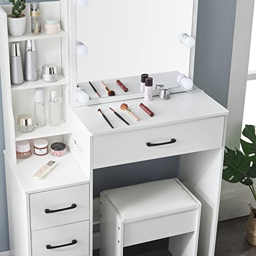 Abesthink Makeup Vanity with Ligjhts Mirror and Charging Station,White Vanity Makeup Desk with Lights and Storage Drawers,Lighted Vanity Set Dressing Table with Stool for Girls