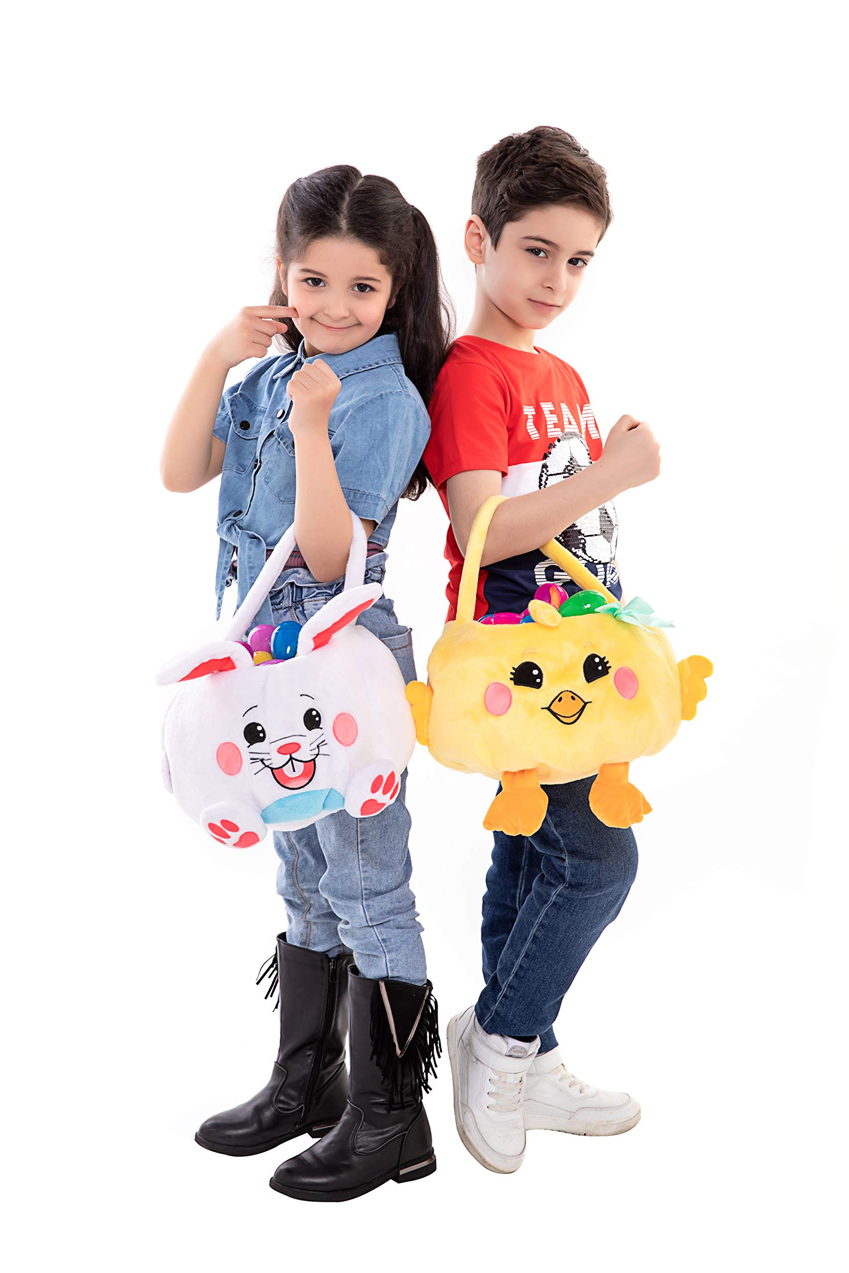 JOYIN 2 Packs Easter Plush Basket Set for Easter Eggs Hunt, Easter Bunny Basket Gift Baskets Bags for Kids, Kids Easter Party Favor (Yellow, White)
