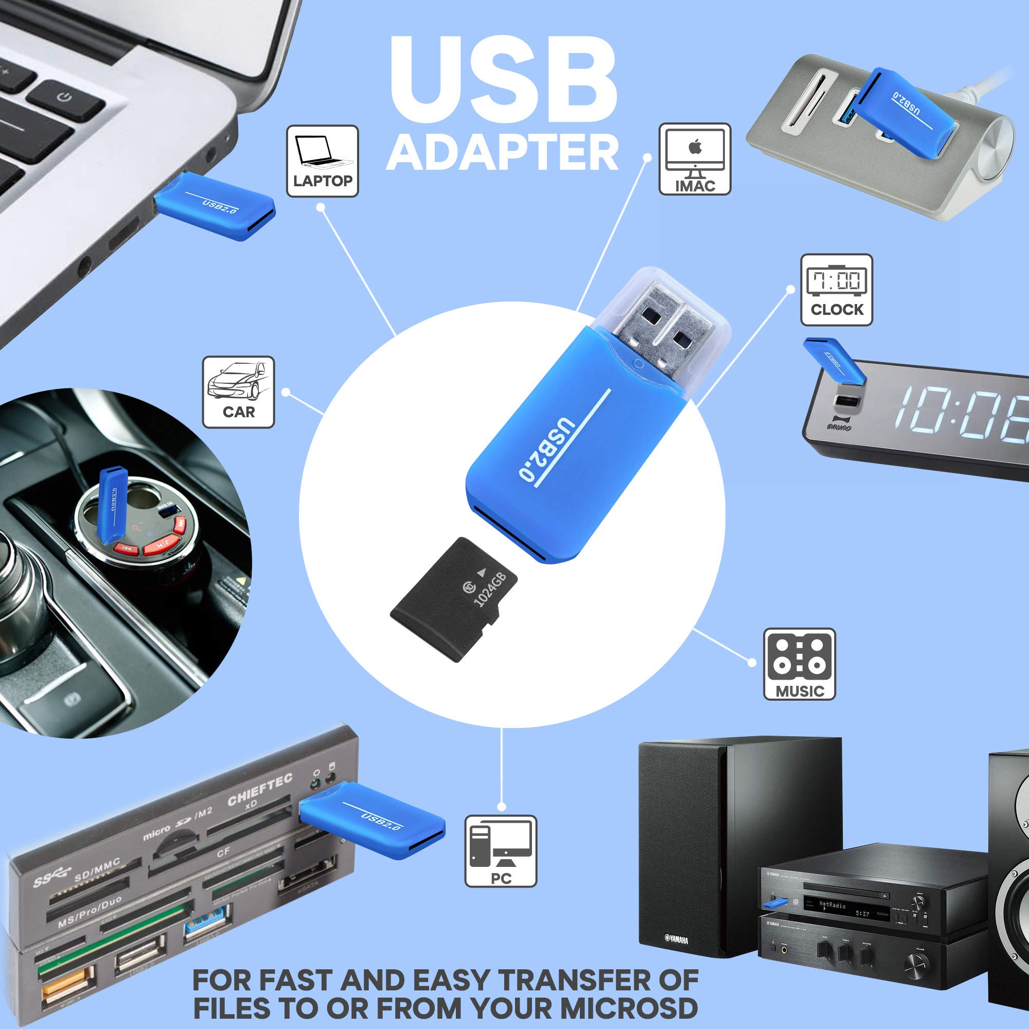 Micro SD Card 1 Tb | USB Adapter | SD Card Adapter | Pack of 3 | 10MB/s Transfer Rate | Plug and Play | All OS Compatible | Reliable and Stable Products | Large Storage Capacity (Blue)