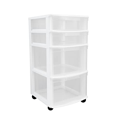 Gracious Living Resin Clear 4 Drawer Storage Chest System with Removable Rolling Casters for Garage, Basement, Utility Room, and Laundry Room, White