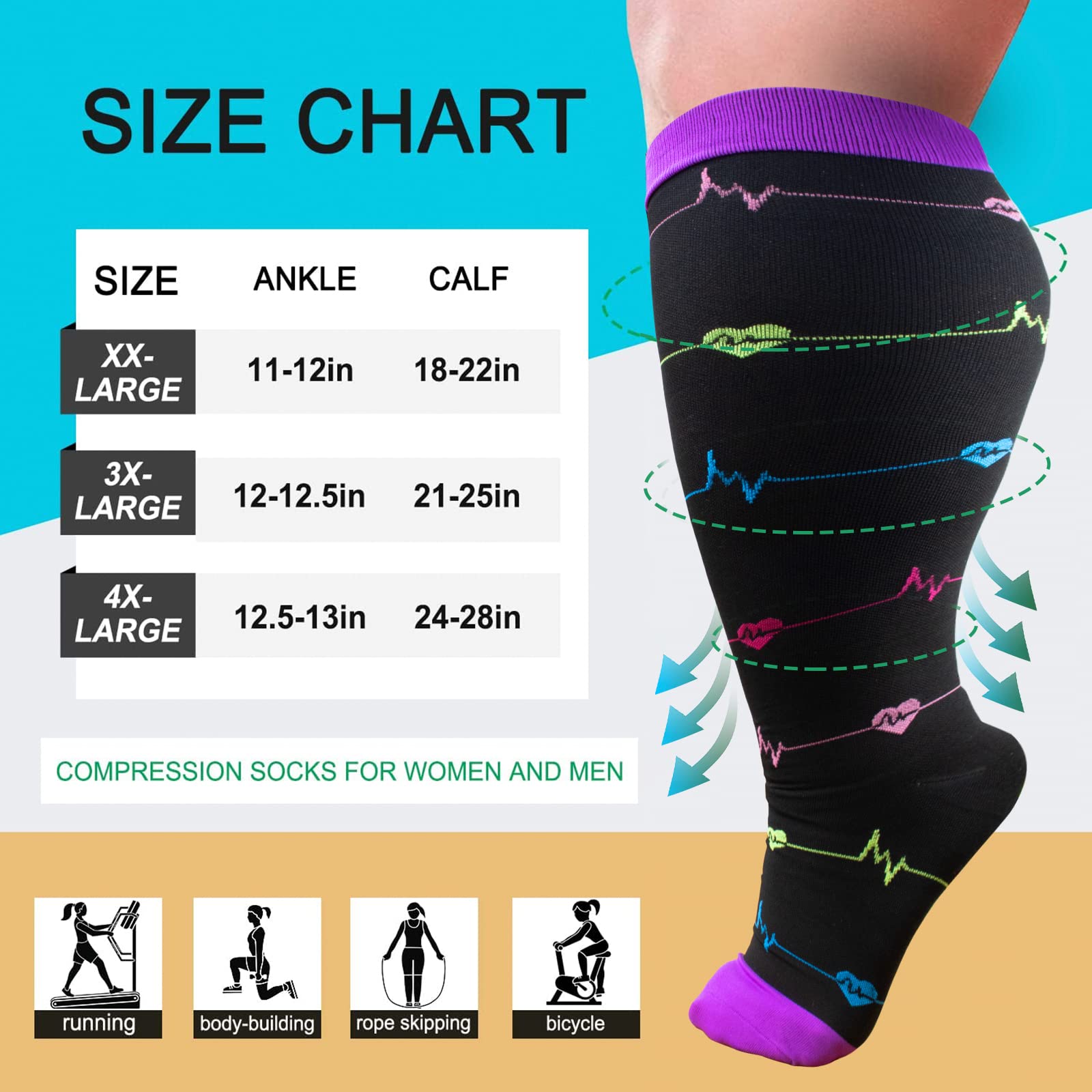 3 Pairs Plus Size Compression Socks for Women & Men, Wide Calf Compression Socks 15-20 mmHg for Running, Nurses