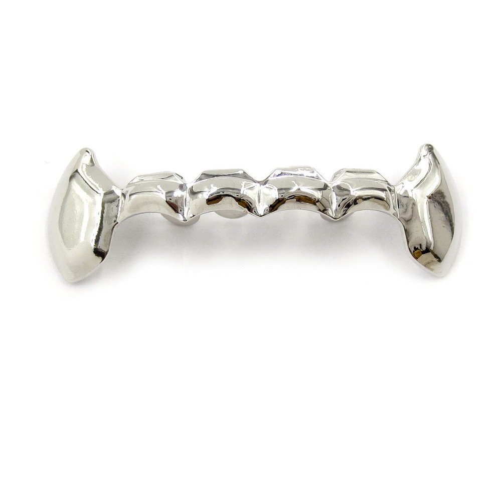 24K White Gold Plated Grillz Vampire Fangs Grill Top & Bottom Hip Hop Mouth Teeth Caps For Gift + Extra Molding Bars + Microfiber Cloth