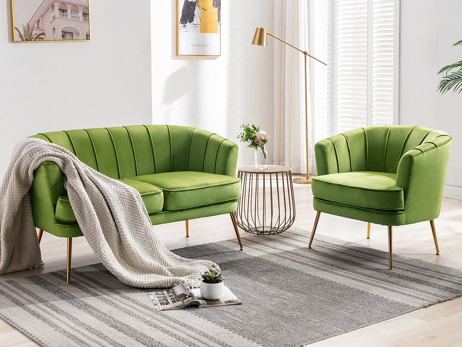 Altrobene Velvet Loveseat Couch Sofa Luxury Modern Comfy Tufted Couch Chesterfield 2 Person Couch for Living Room/Bedroom, Grass Green