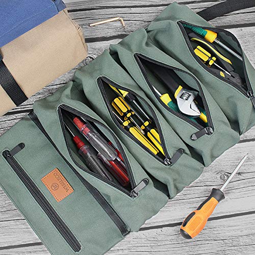 2Sonder Roll Tool Bag, Multi-Purpose Tool Roll Up Bag, 18.5”x11” Wrench Roll Pouch, Foldable Canvas Tool Pocket, Car First Aid Kit, Wrap Roll Storage Bag, Hanging Tool Zipper Case (Khaki)