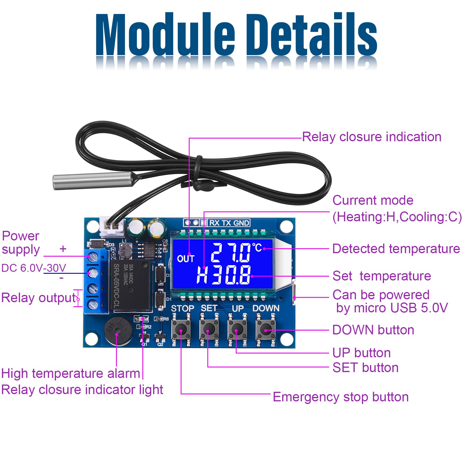 2 Pieces XY-T01 Electronic Temperature Controller, DC 6 - 30V 24V Digital Temperature Control Module -50°C to 100°C Digital Thermostat Temperature Control Switch Boards with Waterproof NTC Probe