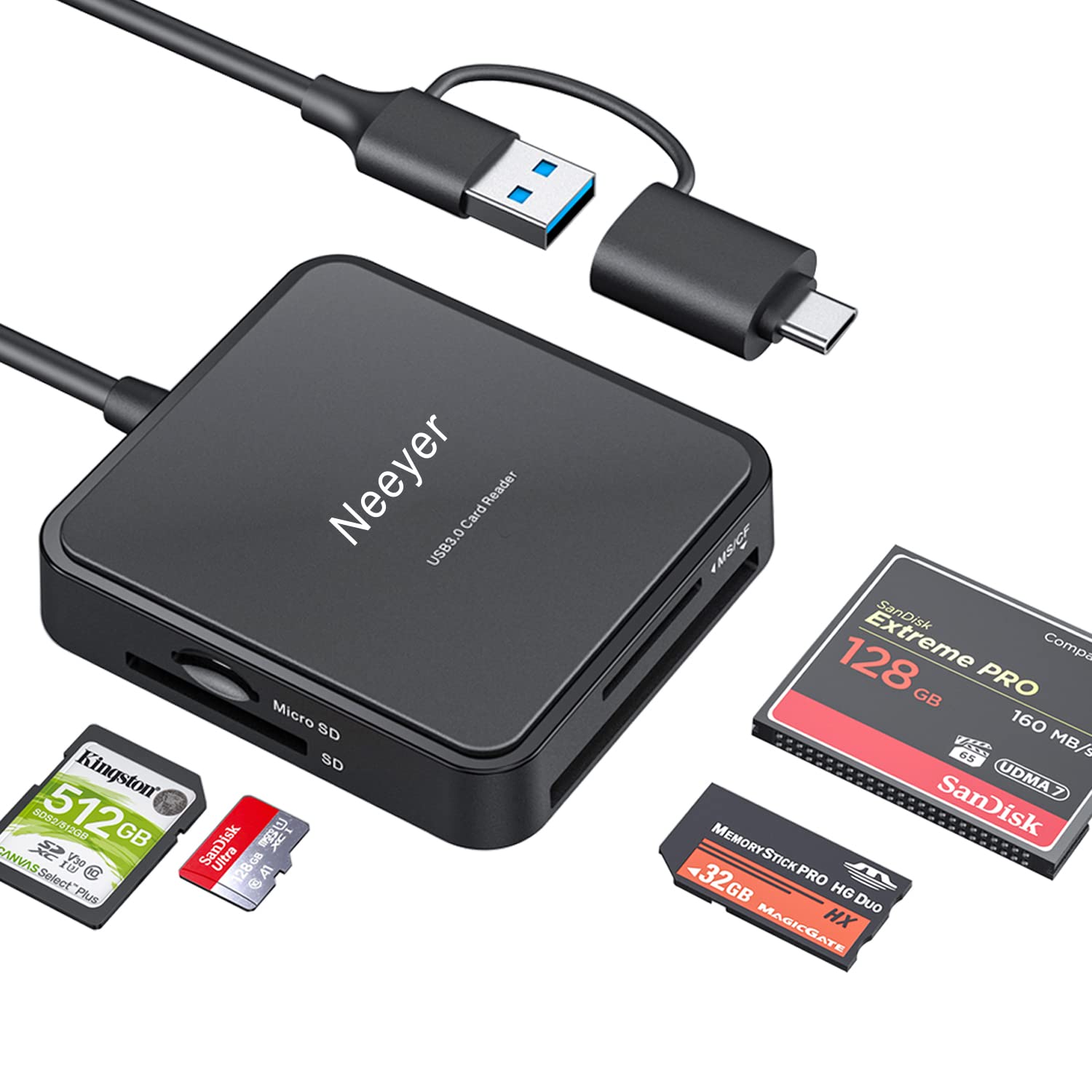 Neeyer USB C to Micro SD Card Reader Supports CF/CFI/TF, SDXC/SDHC/SD,MMC/Micro SDXC/Micro SDHC/MS, UHS-I Compatible for Galaxy S20, MacBook Pro/MacBook Air/iPad Pro