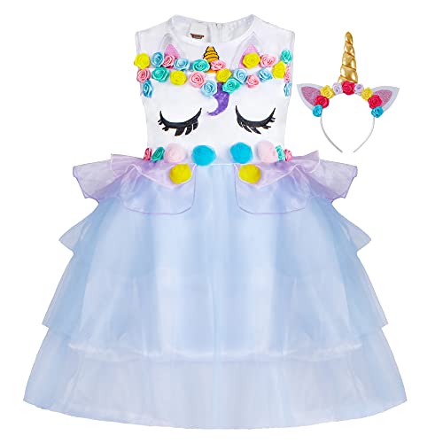 Spooktacular Creations Unicorn Princess Pageant Flower Girl Tutu Dress Rainbow Skirt with Headband and Wings for Kids (Blue, Small)