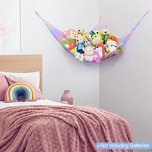 Basumee Stuffed Animals Net or Hammock with LED Light Hanging Toy Net Hammock for Stuffed Animals Storage Stuff Animals Hammocks for Nursery Kids Room with Remote Control, 8 Kinds of Lights, Rainbow
