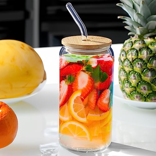 Benestanti Glass Cups with Bamboo Lids and Straws 4 pcs Set,16 oz Drinking Glass Tumbler with Straw and Lid,Iced Coffee Cups with Lids,Smoothie Cups,Ideal for Beer Cocktail Whiskey Tea Juice Gift