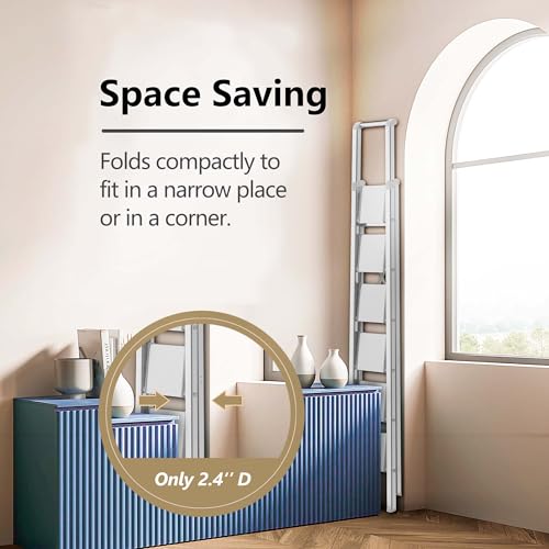 6 Step Ladder for 12 Feet High Ceiling, Lightweight Aluminum Folding Step Stool with Convenient Handgrip, Stepladders with Anti-Slip and Wide Pedal for Home and Kitchen Use Space Saving - Silver