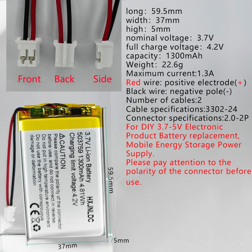 HXJNLDC DC 3.7V 1300mAh 503759 Rechargeable Lithium Polymer Replacement Battery for DIY 3.7-5V Electronic Product, Mobile Energy Storage Power Supply