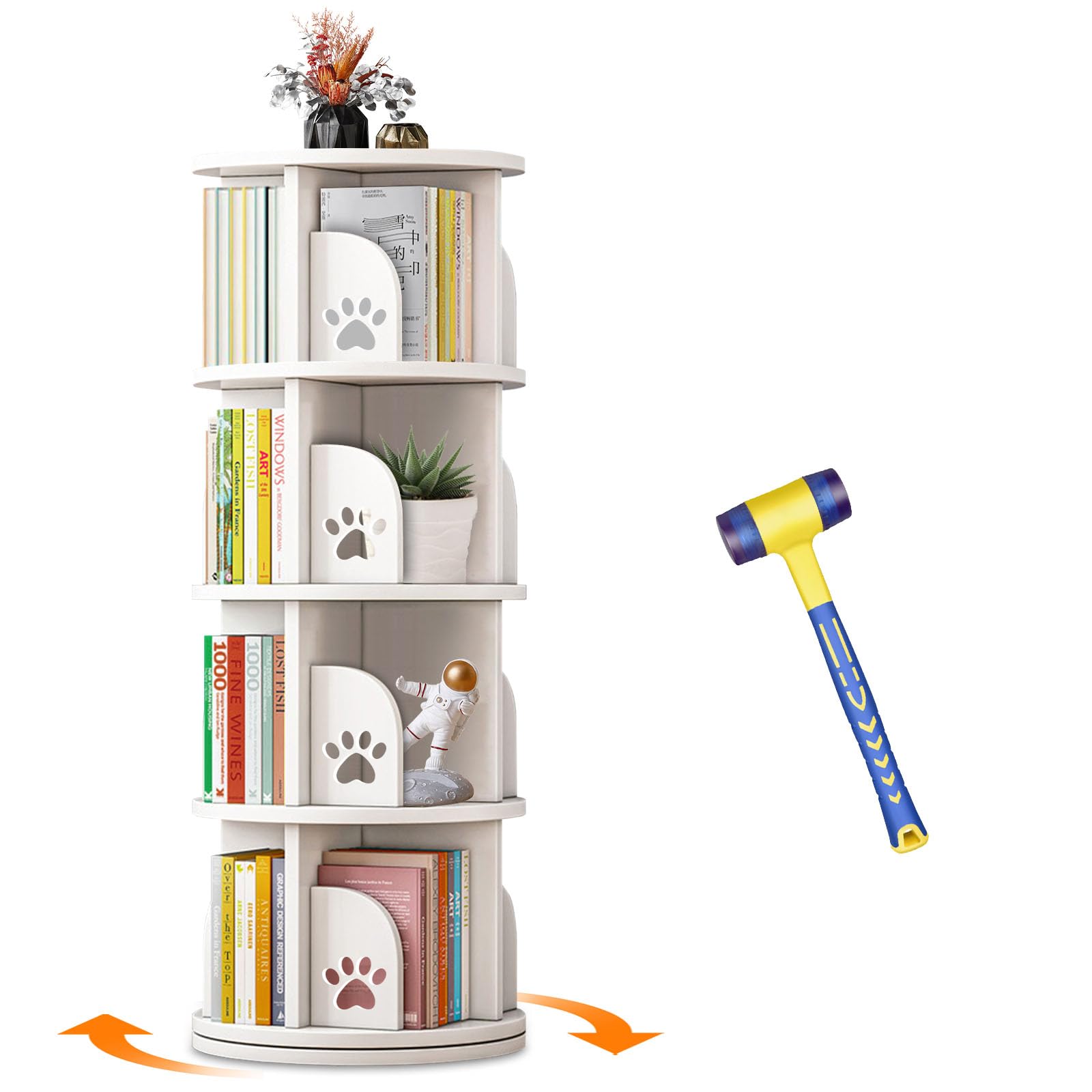 360°Rotating Bookshelf 4-Tier Large Capacity 18" Diameter Kids Bookshelf PVC Plastic Display Cabinet,Corner Bookcase Space Saving Round Spinning Storage Rack With Small Silicone Hammer (4-Tier)