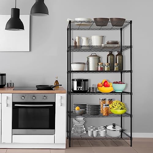 6-Shelf Adjustable Heavy Duty Storage Shelving Unit, Metal Organizer Wire Rack for Laundry Bathroom Kitchen Pantry Closet No Wheels, Black