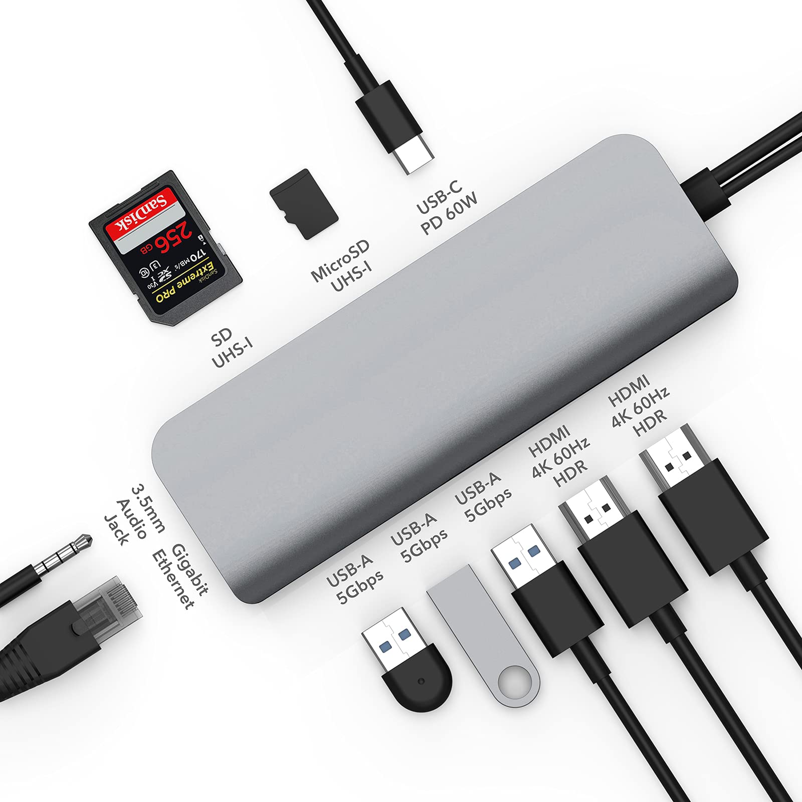 HyperDrive 10-in-2 USB C Dock, Dual Monitor HDMI 4K@60Hz, 60W USBC Power Delivery, Gigabit Ethernet, USB-C Hub Adapter for MacBook Pro with M1 Pro/Max 2021, MacBook Pro 2016-2019, MacBook Air, Gray
