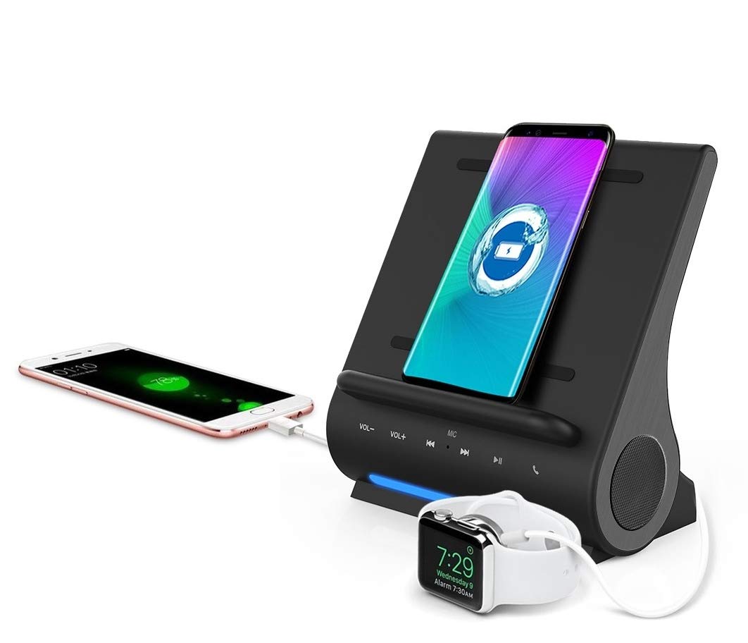 Fast Charging Wireless Charger, Bluetooth Premium Speakers, Docking Station with Built in Mic Handsfree Call, 4 in 1 Station for iPhone 16/15/14/13/12/11/X Samsung Galaxy S24/S23/S22/S21/S20