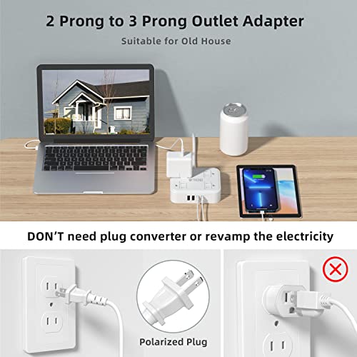 2 Prong Power Strip, TROND 2 Prong to 3 Prong Outlet Adapter, 5ft Extension Cord, 4 Widely Outlets with 4 USB Ports, Wall Mountable, Ideal for Non-Grounded Outlets, No Surge Protector for Cruise Ship