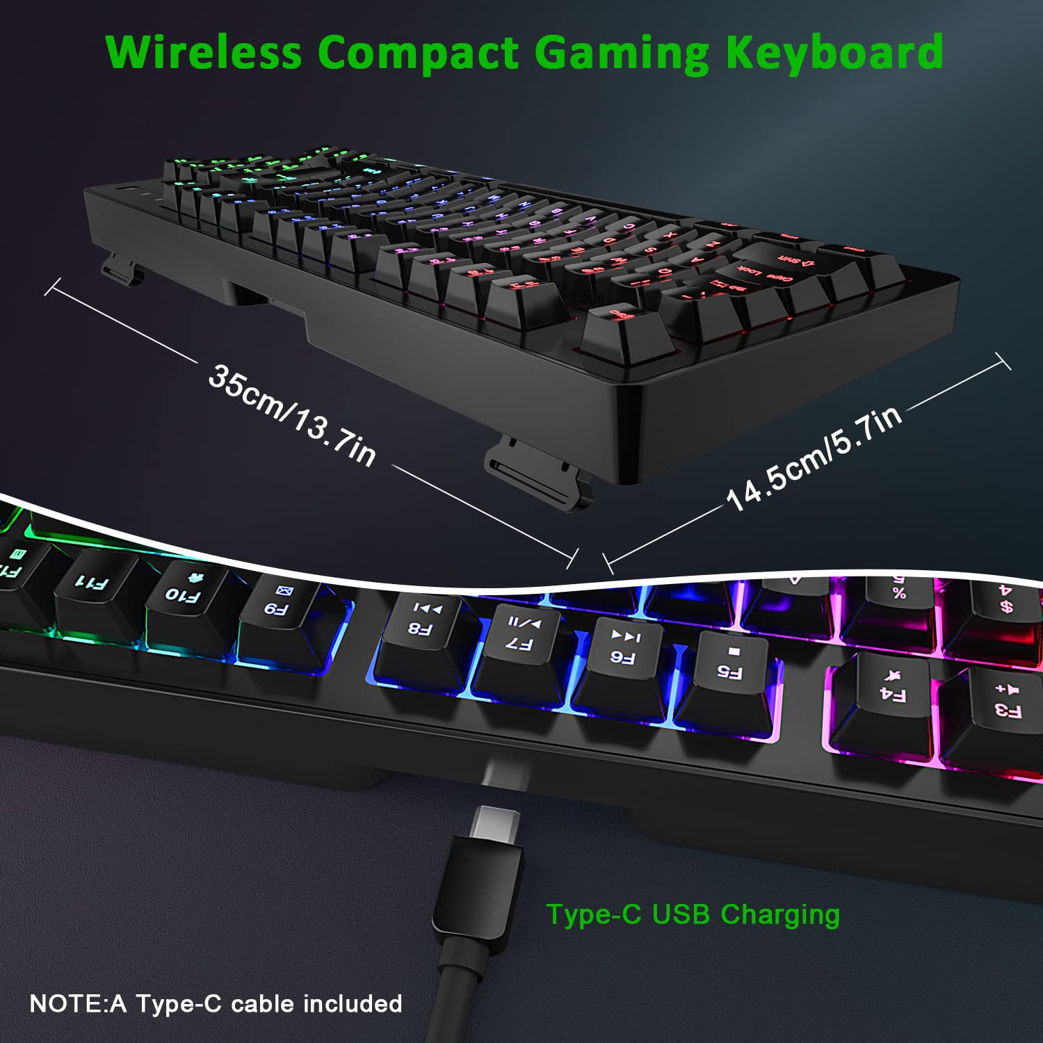 BlueFinger Wireless Gaming Keyboard, Rechargeable RGB Rainbow Backlit Gaming Keyboard, Compact 87 Keys Wireless Keyboard for Mac Laptop Computer PC Gamer