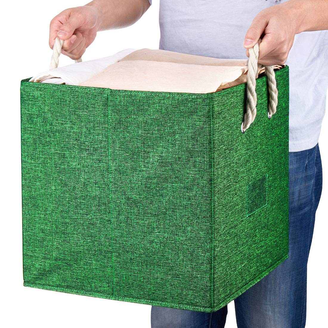 i BKGOO Foldable Storage Cube Bins,Green Linen Fabric Collapsible Resistant Basket Box Organizer with Cotton Rope Handle for Home Office and Nursery 13x13x13 inch