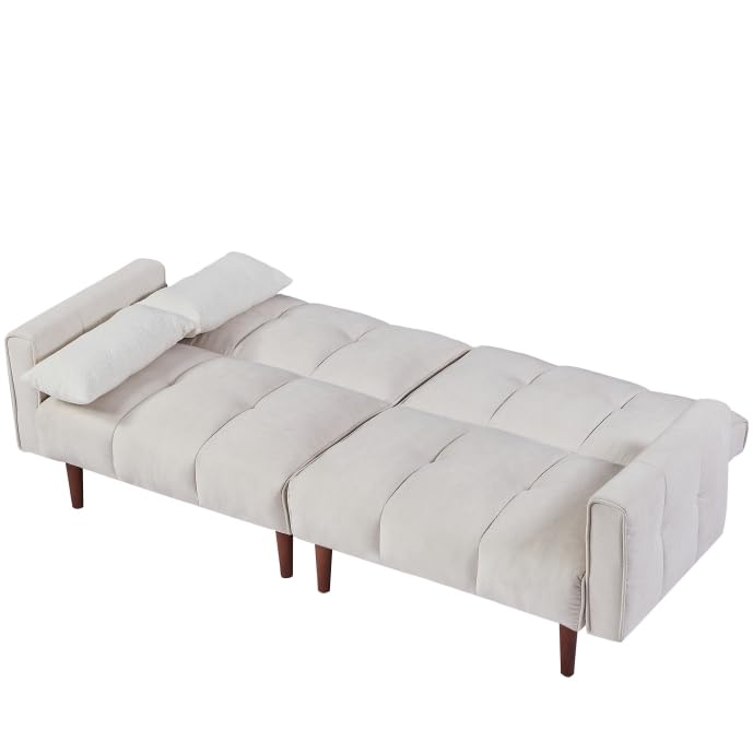 AnwickNomo Convertible Futon Sofa Beds,Modern Fabric Linen Upholstered Futon Sofa Bed, Adjustable Couch Sleeper,Love Seats Couch with 2 Pillows for Apartment, Living Room, Studio (Ivory)